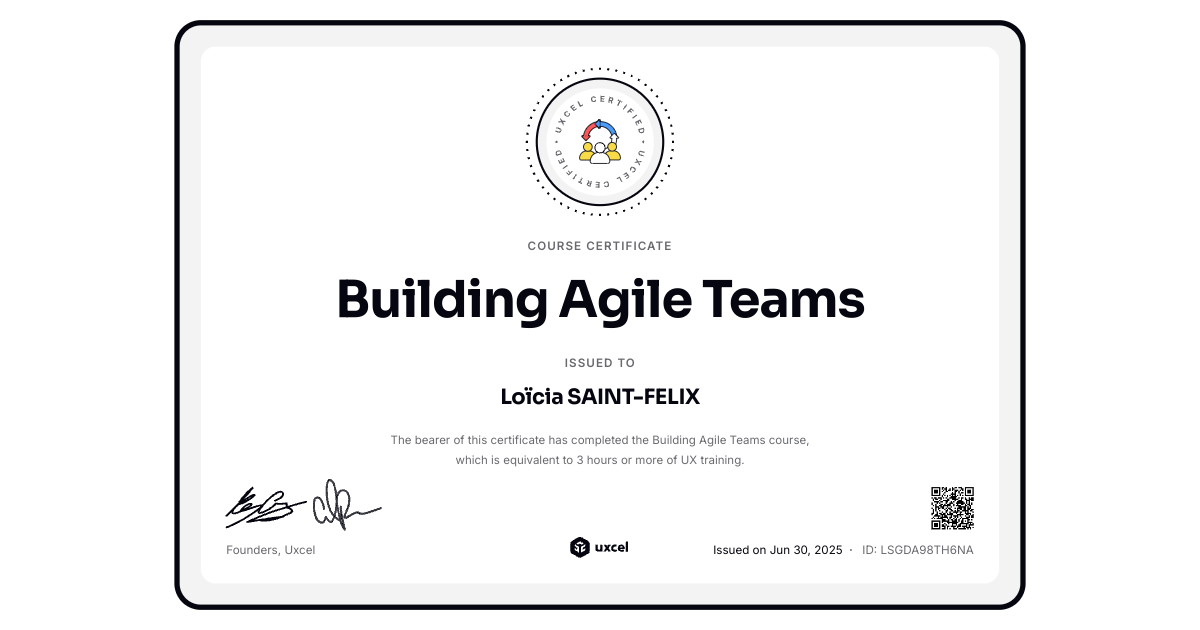 Certificate of completion for Building Agile Teams | Uxcel